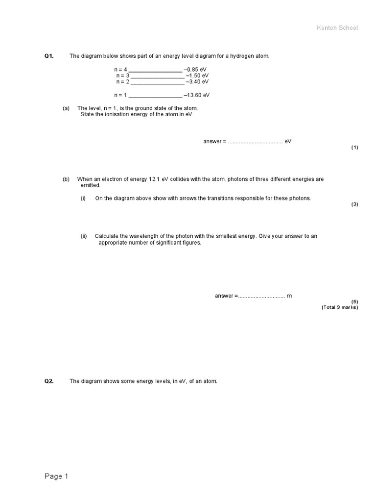 HW On Energy and Photon | PDF | Emission Spectrum | Energy Level