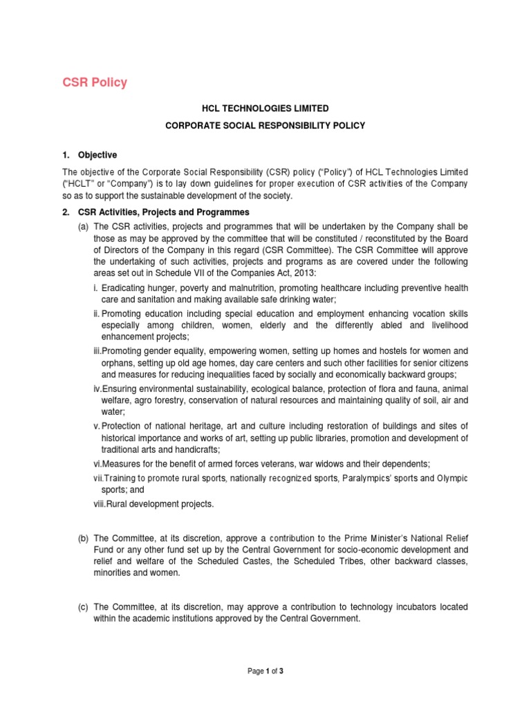 CSR Policy: HCL Technologies Limited Corporate Social Responsibility ...