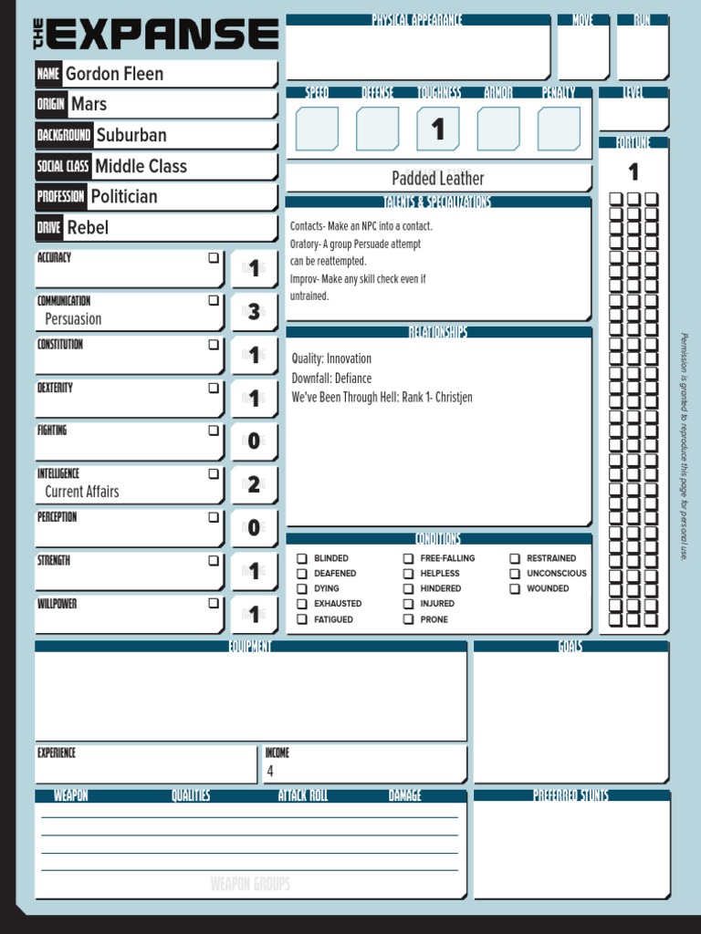 Expanse RPG Character Sheet Template | PDF | Weightlessness | Leisure