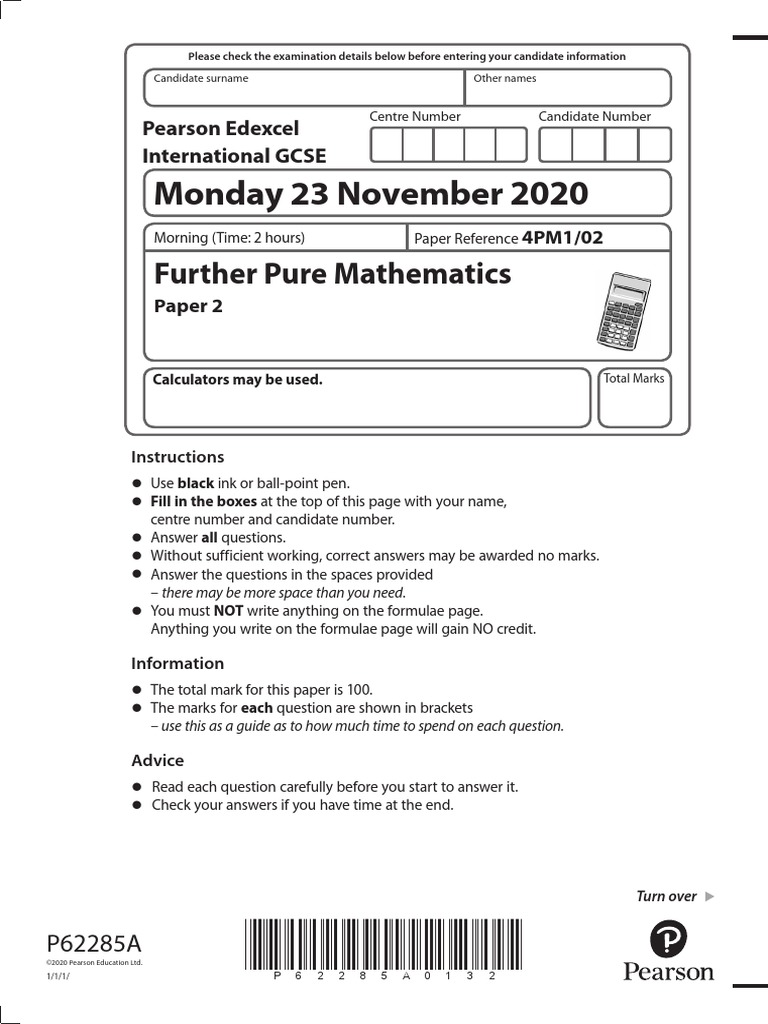 02a IGCSE Further Pure Mathematics Paper 2 - November 2020 PDF | PDF ...