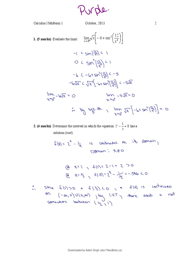 MATH 1010U - Calculus I - Exam 2013, Questions and Answers - Midterm 1 ...
