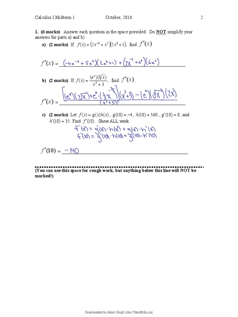 Calculus I Midterm Exam October 2016 | PDF | Derivative | Continuous ...