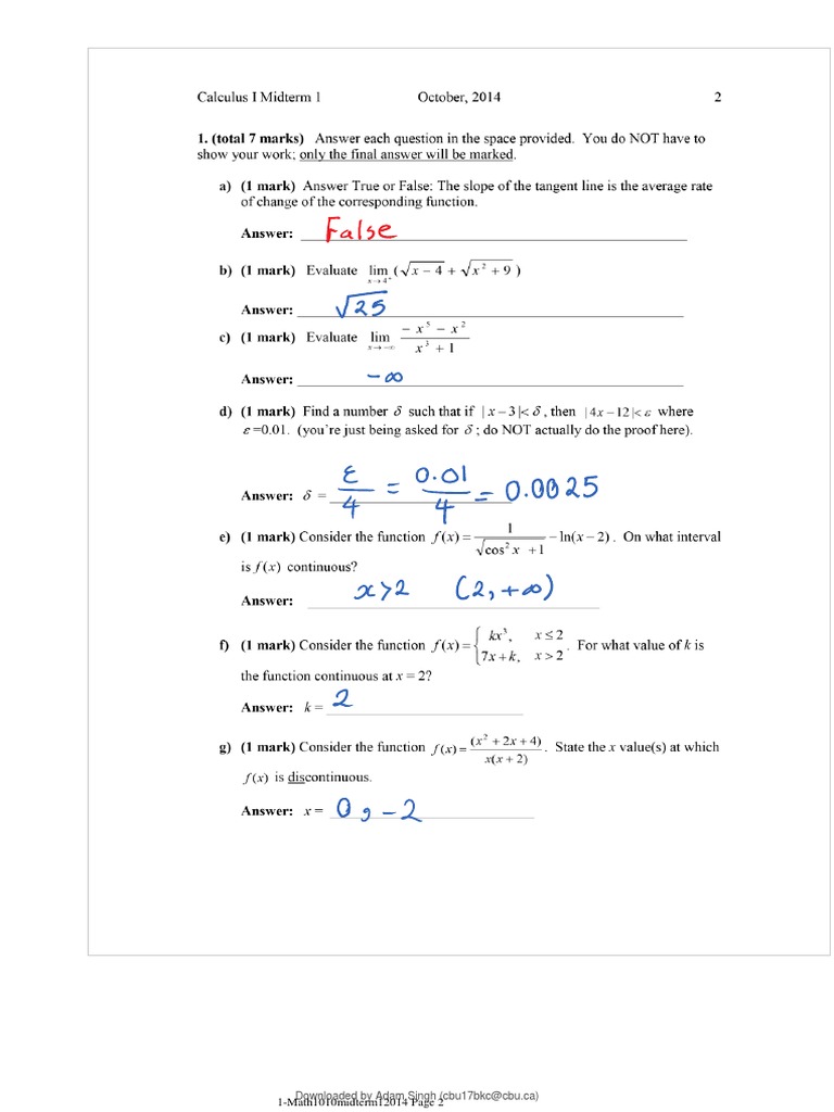 MATH 1010U - Calculus I - Midterm Exam 1 Solutions (Yellow and Green Covers) | PDF