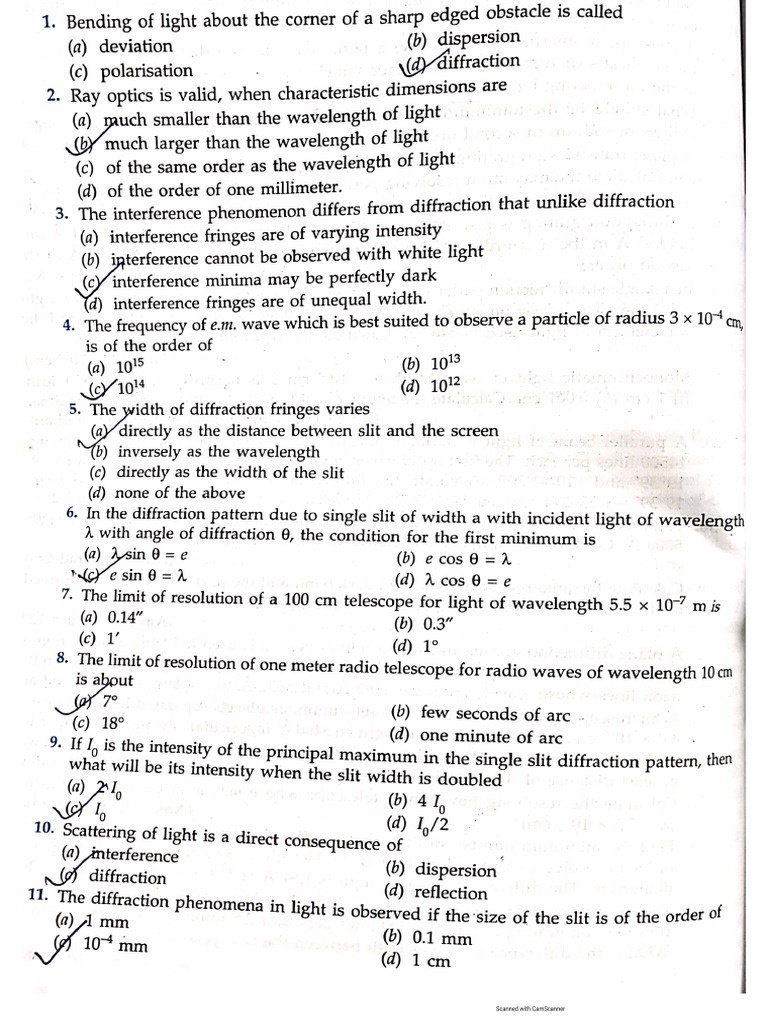 Diffraction Expected Questions MCQs | PDF