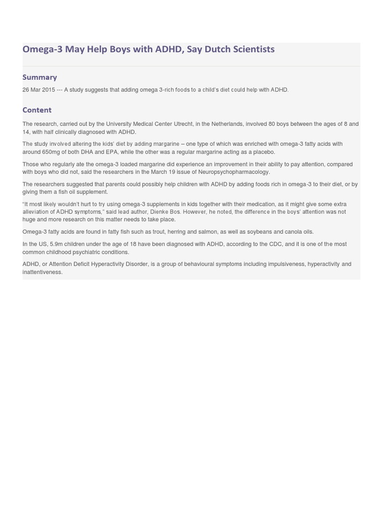 Omega-3 May Help Boys With ADHD, Say Dutch Scientists | PDF | Wellness ...