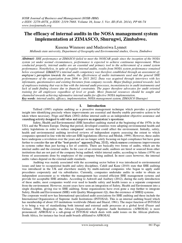 The Efficacy of Internal Audits in The NOSA Management System ...