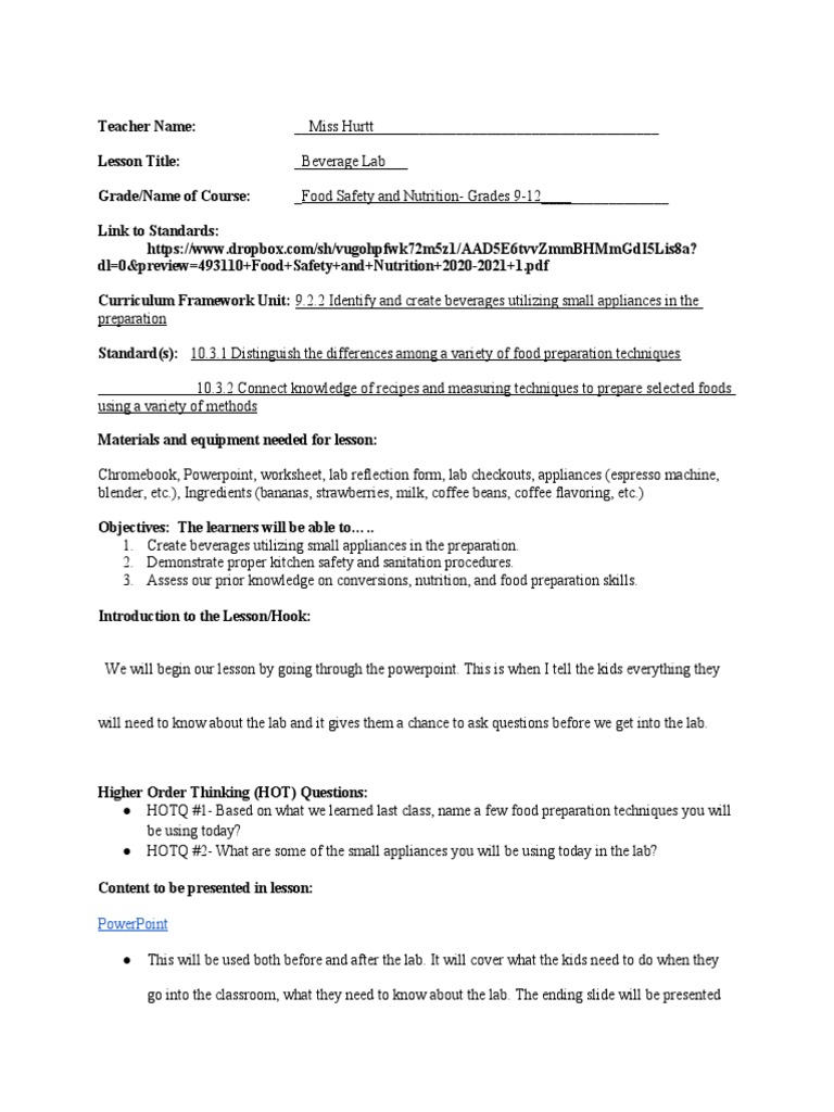 Beverage Lab Lesson Plan for Students | PDF | Drink | Foods