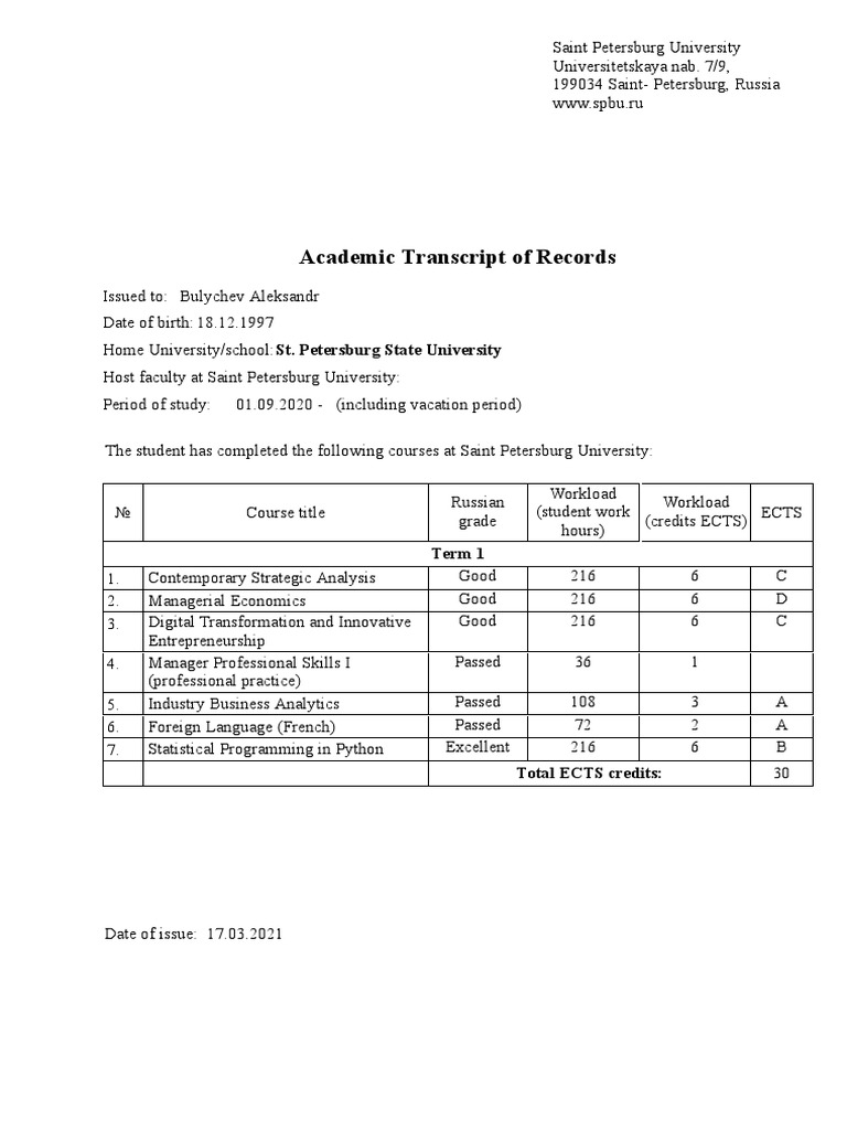 Academic Transcript of Records: Term 1 | PDF | Educational Assessment ...