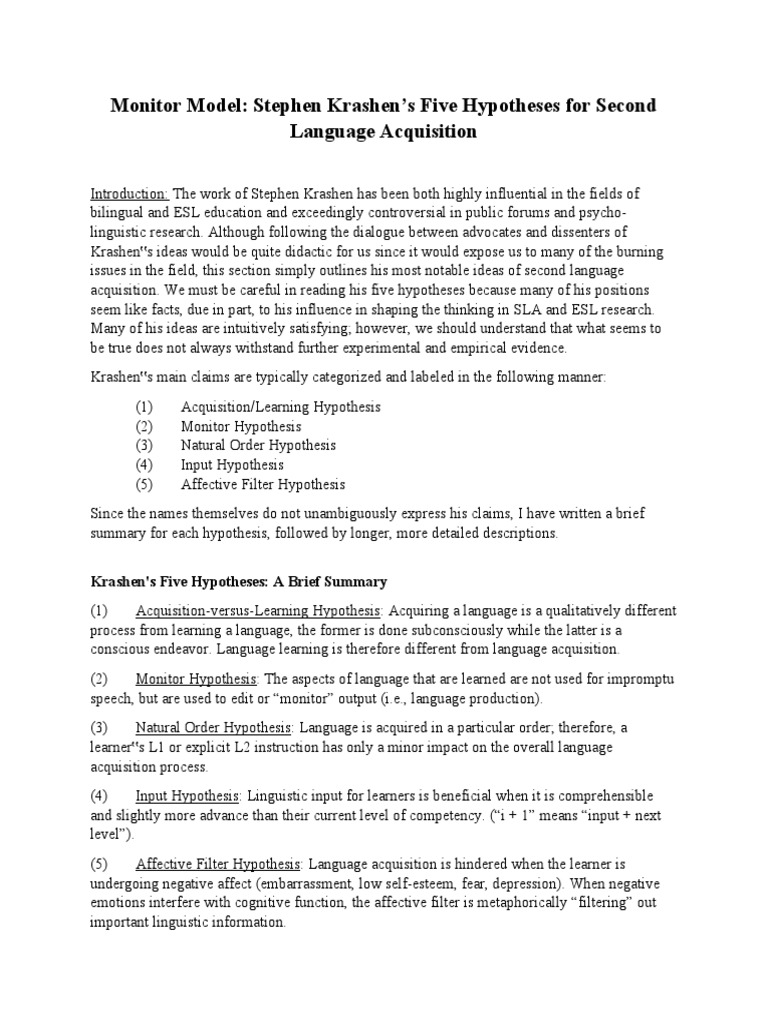Monitor Model: Stephen Krashen's Five Hypotheses For Second Language ...