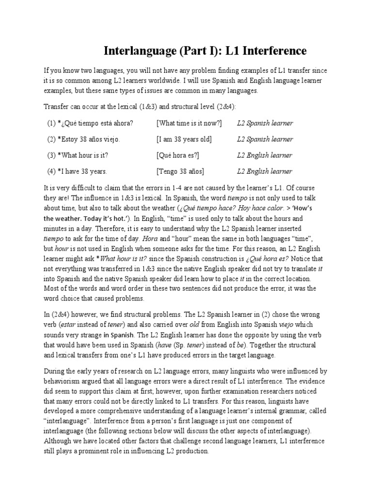 Interlanguage (Part I) : L1 Interference: L2 Spanish Learner L2 Spanish ...