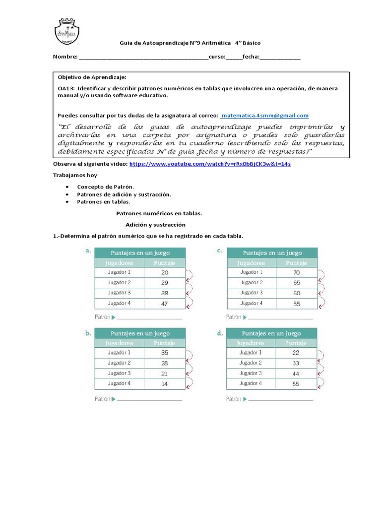 Ejercicios de Patrones Numéricos 4° Básico | PDF