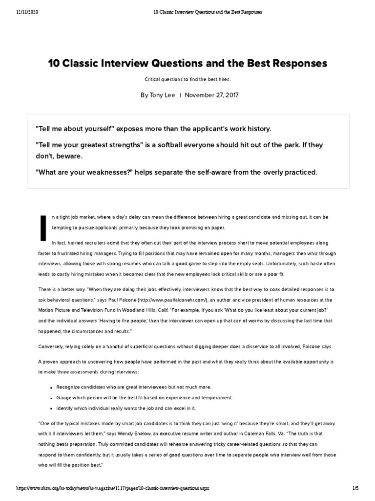 10 Classic Interview Questions and The Best Responses | PDF | Interview ...
