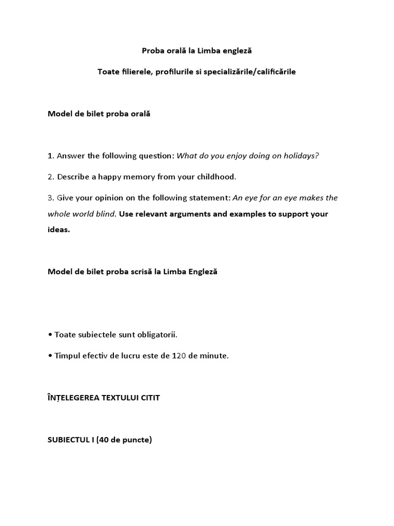 Model Bac Engleza Proba Scrisa 3 | PDF