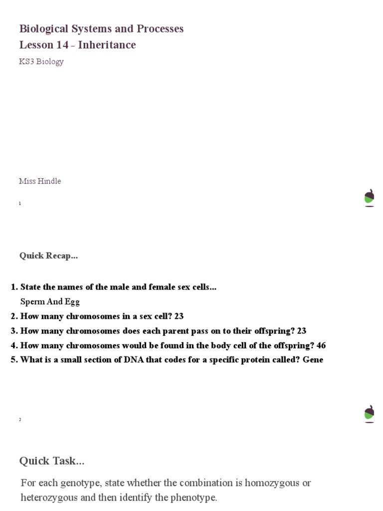 KS3 Biology Inheritance Lesson | PDF | Zygosity | Genotype