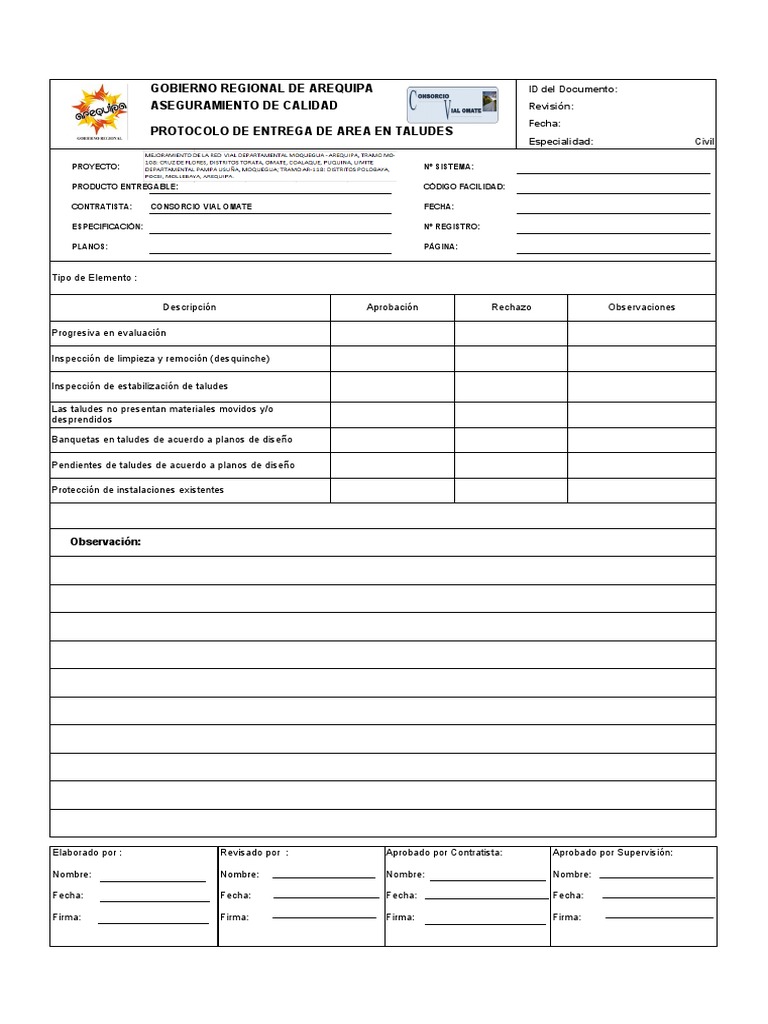 Protocolo de Entrega en Taludes Arequipa | PDF
