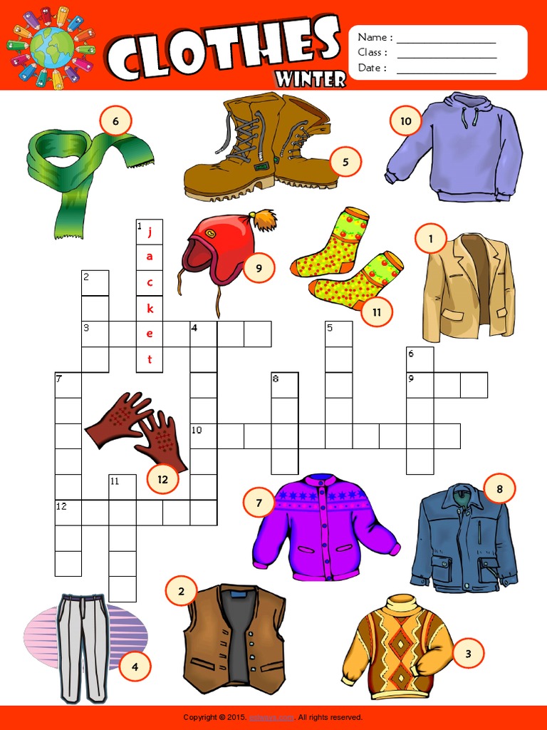 Winter Clothes Esl Vocabulary Crossword Puzzle Worksheet For Kids | PDF