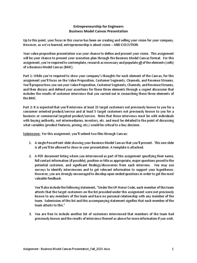 Assignment - Business Model Canvas Presentation - Fall - 2020 | PDF ...