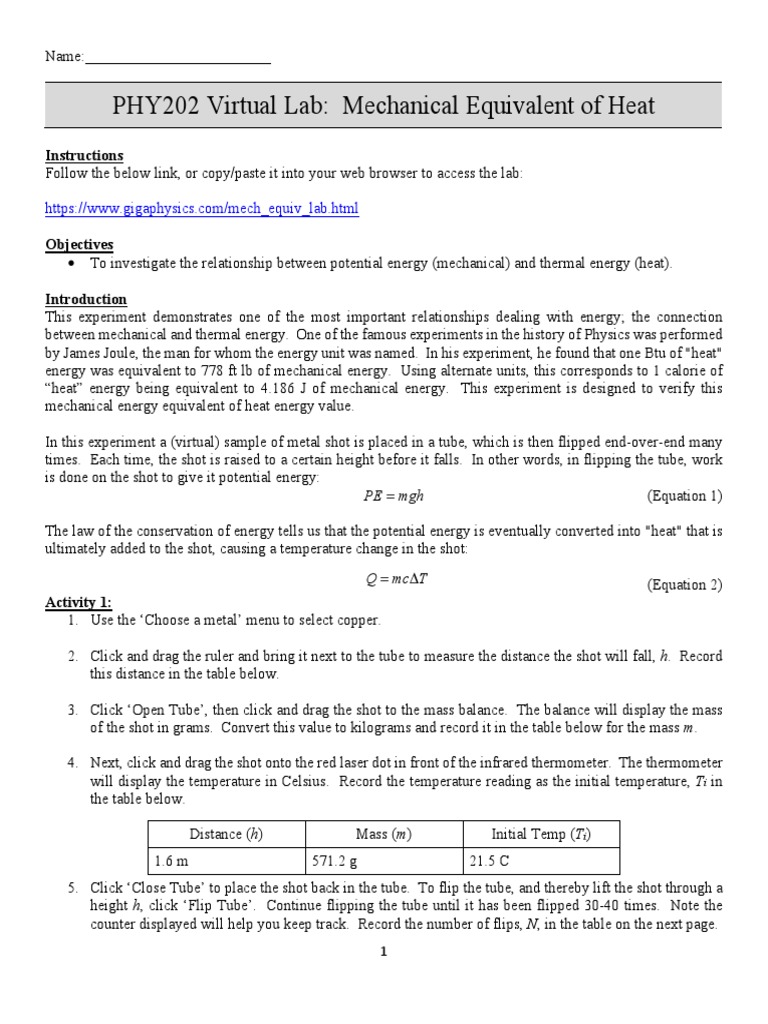 PHY202 - Virtual Lab - Mechanical Equivalent of Heat (CH) | PDF | Heat ...