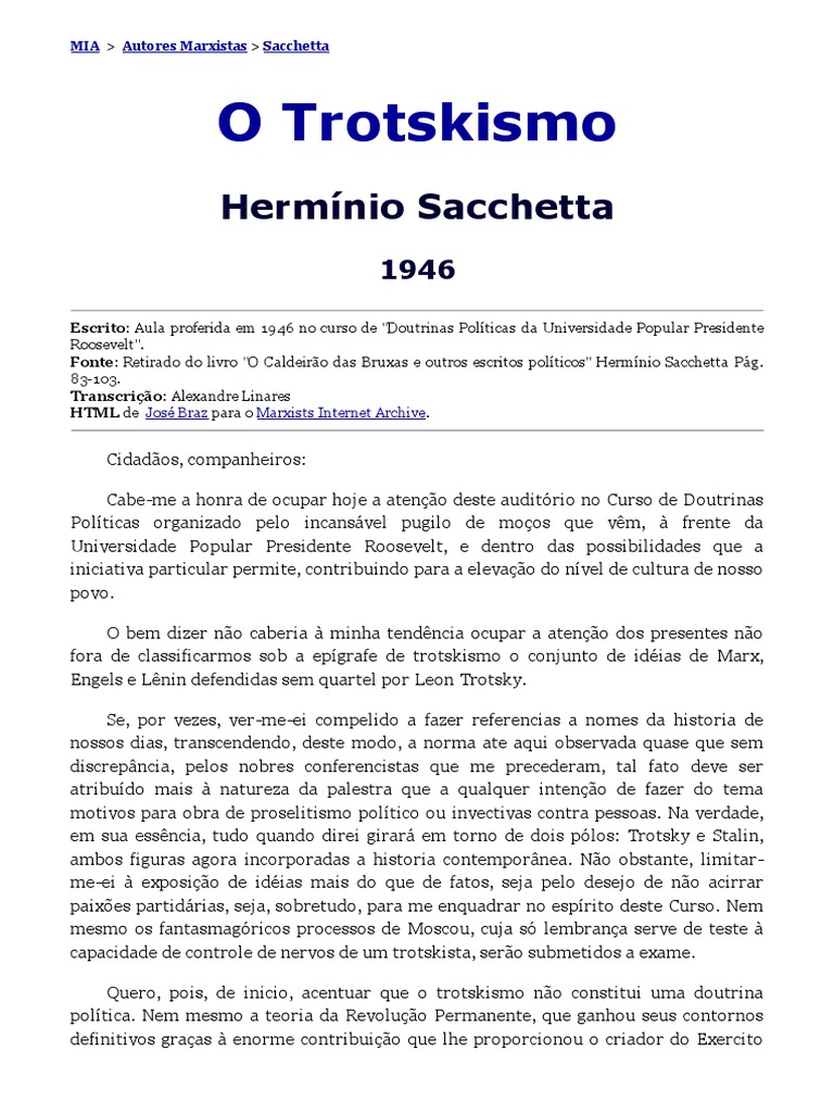 O Trotskismo Hermínio Sacchetta 1946 | PDF | Vladimir Lenin | Comunismo