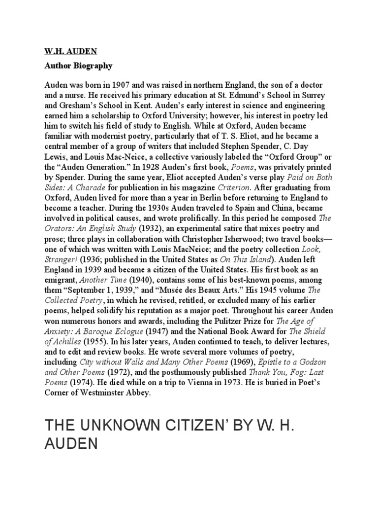 The Unknown Citizen' by W. H. Auden | PDF | Nazi Germany | Poetry
