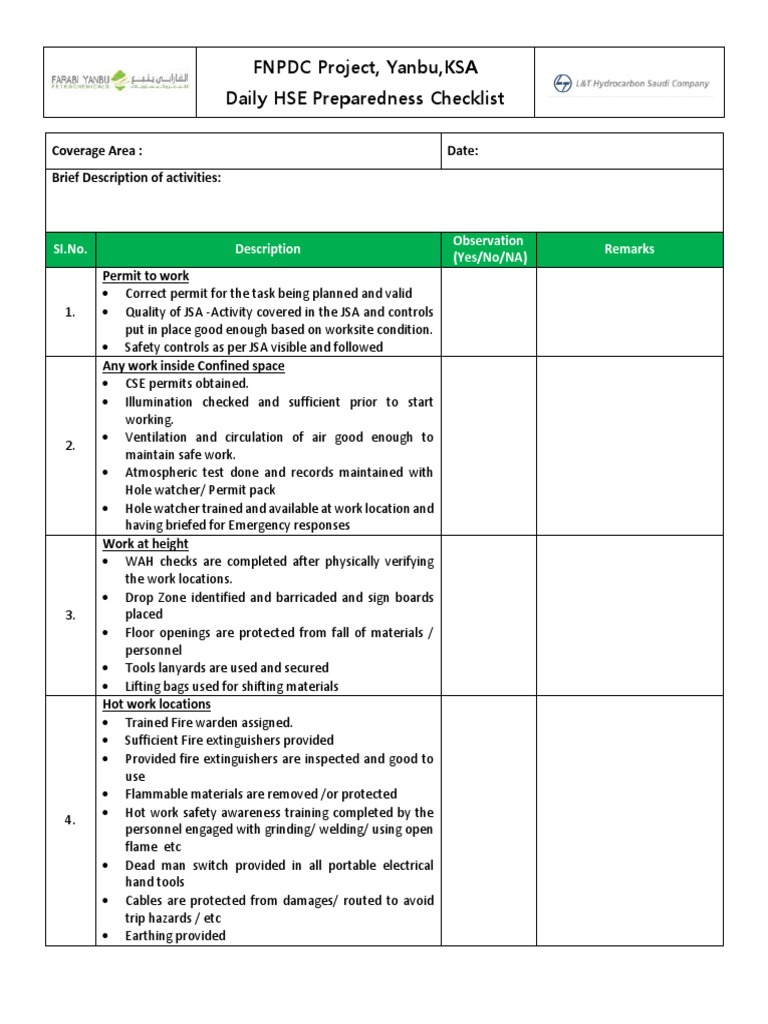 Daily HSE Checklist | PDF | Firefighting | Hazards