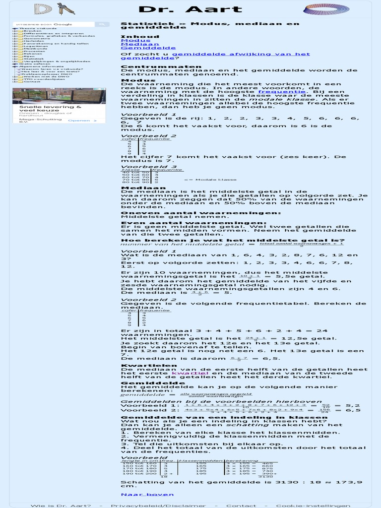 Modus, Mediaan en Gemiddelde - Theorie Wiskunde | PDF
