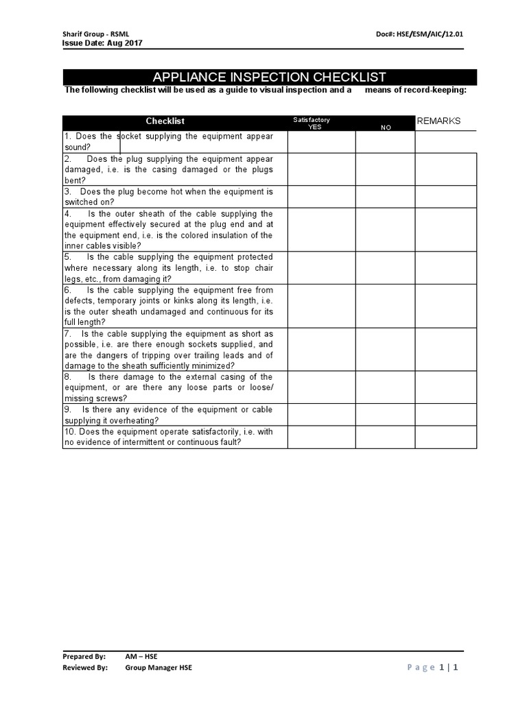 12.01 Appliance Inspection Checklist | PDF | Science & Mathematics ...