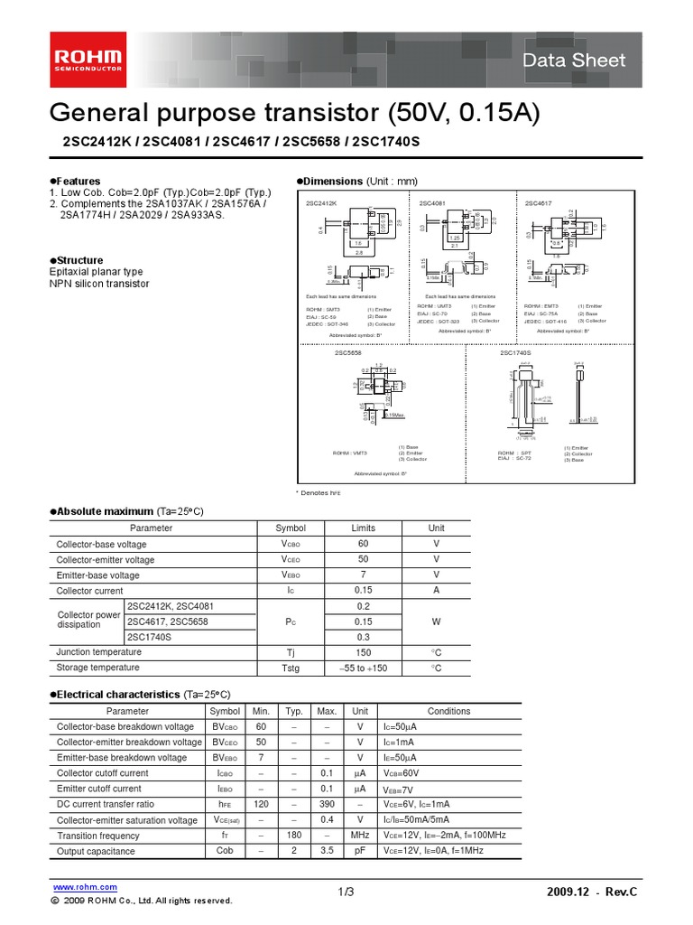 General Purpose Transistor (50V, 0.15A) : 2SC2412K / 2SC4081 / 2SC4617 ...