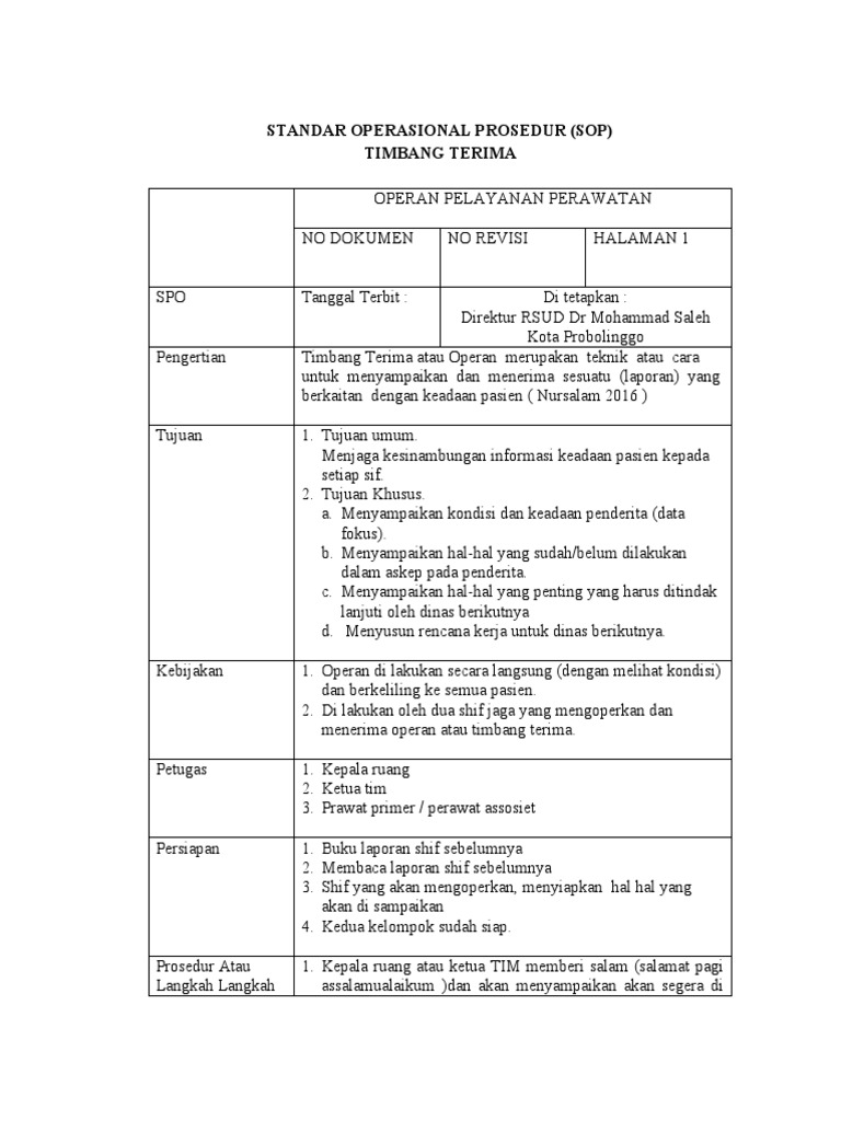 Standar Operasional Prosedur (Sop) Timbang Terima | PDF