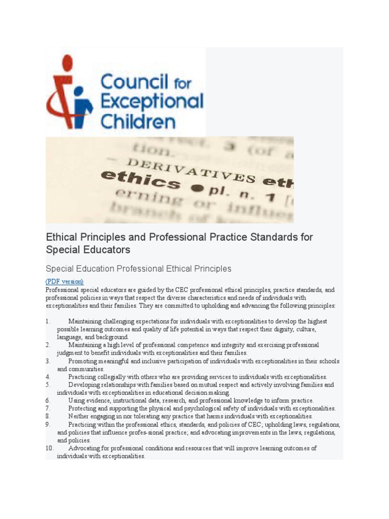 CEC Ethical Principles and Professional Practice Standards For Special ...