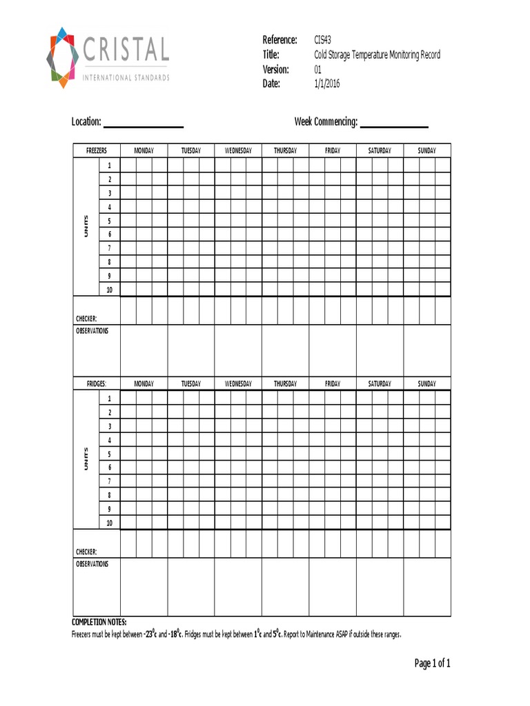 Cold Storage Temperature Monitoring Record | PDF