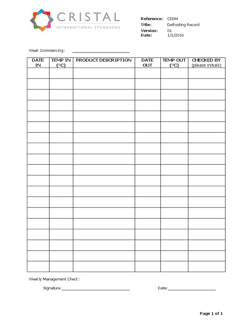 Date IN Temp in (°C) Product Description Date OUT Temp Out (°C) Checked ...
