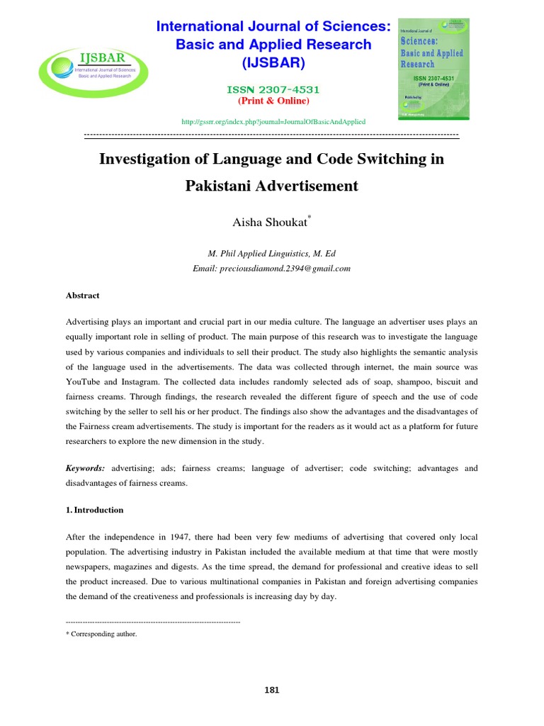 Investigation of Language and Code Switching in Pakistani Advertisement ...
