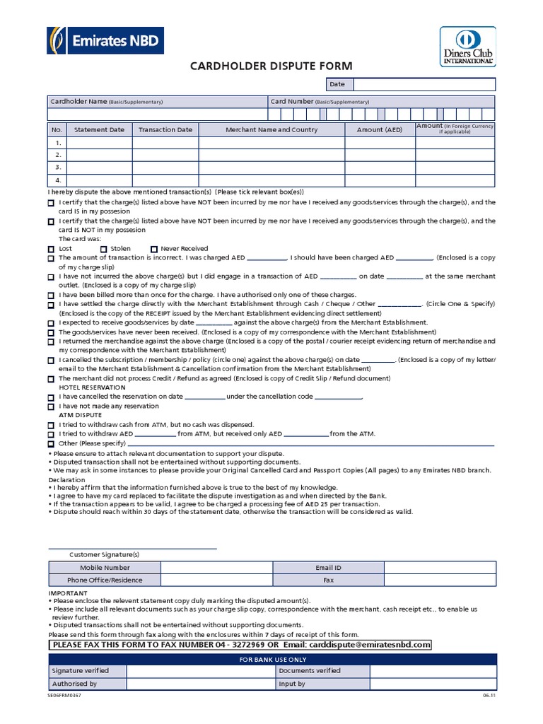 Cardholder Dispute Form: I Hereby Dispute The Above Mentioned ...