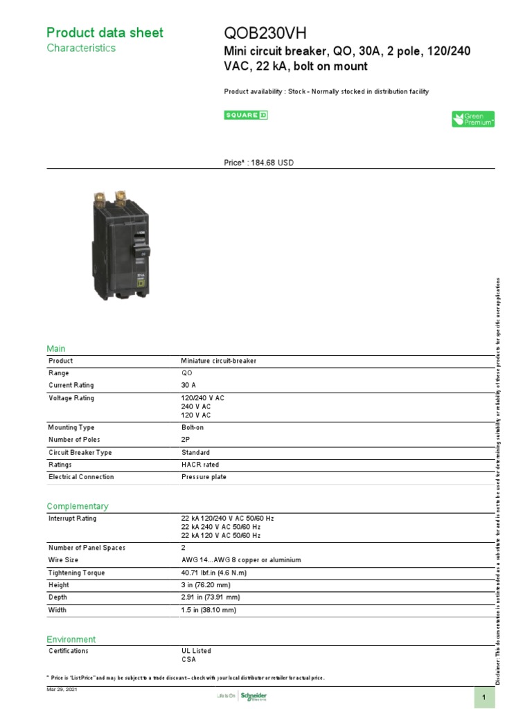 Square D™ QO™ and QOB Miniature Circuit Breakers - QOB230VH | PDF ...