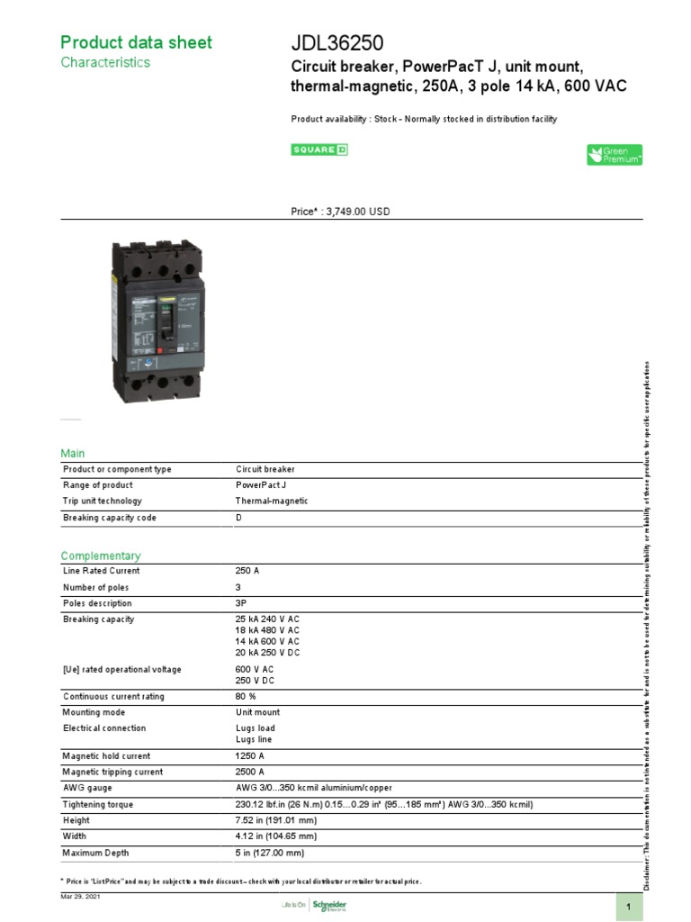 PowerPact J-Frame Molded Case Circuit Breakers - JDL36250 | PDF ...