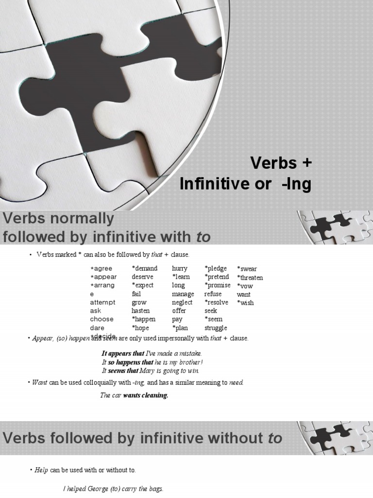 Verbs + Infinitive or - Ing | PDF | Verb | Syntax