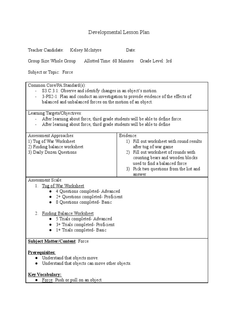 Tug of War: Understanding Balanced Forces | PDF | Lesson Plan | Force