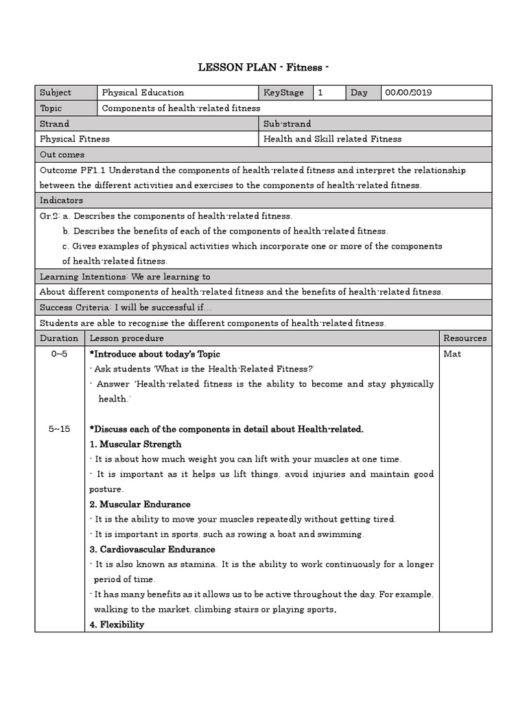 LESSON PLAN - Fitness | PDF | Physical Fitness | Physical Education