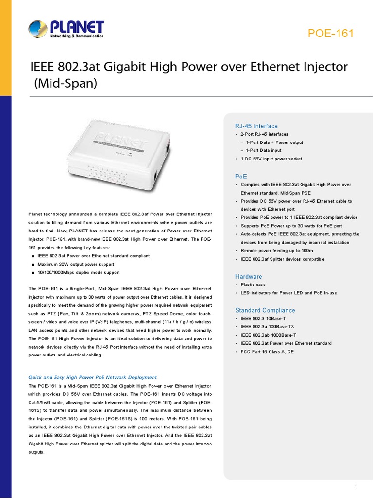 IEEE 802.3at Gigabit High Power Over Ethernet Injector (Mid-Span) | PDF ...