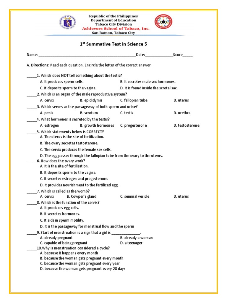 1 Summative Test in Science 5 | PDF | Menstrual Cycle | Ovary
