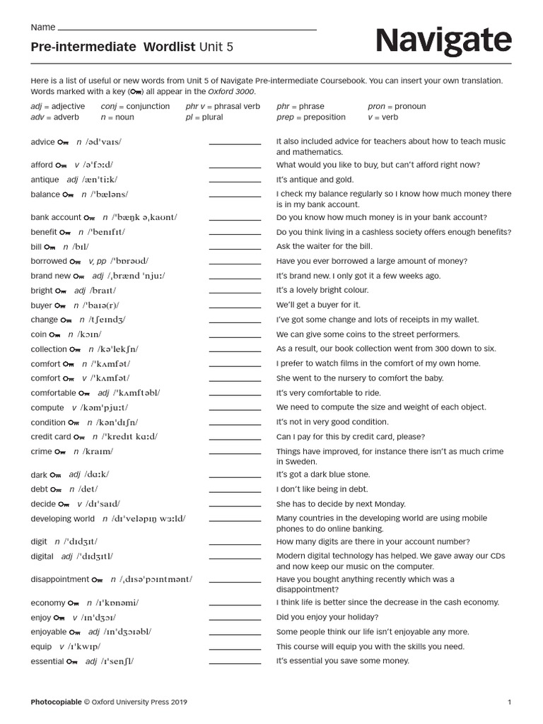 Navigate Pre-Intermediate Wordlist Unit 5 | PDF | Verb | Syntactic Relationships