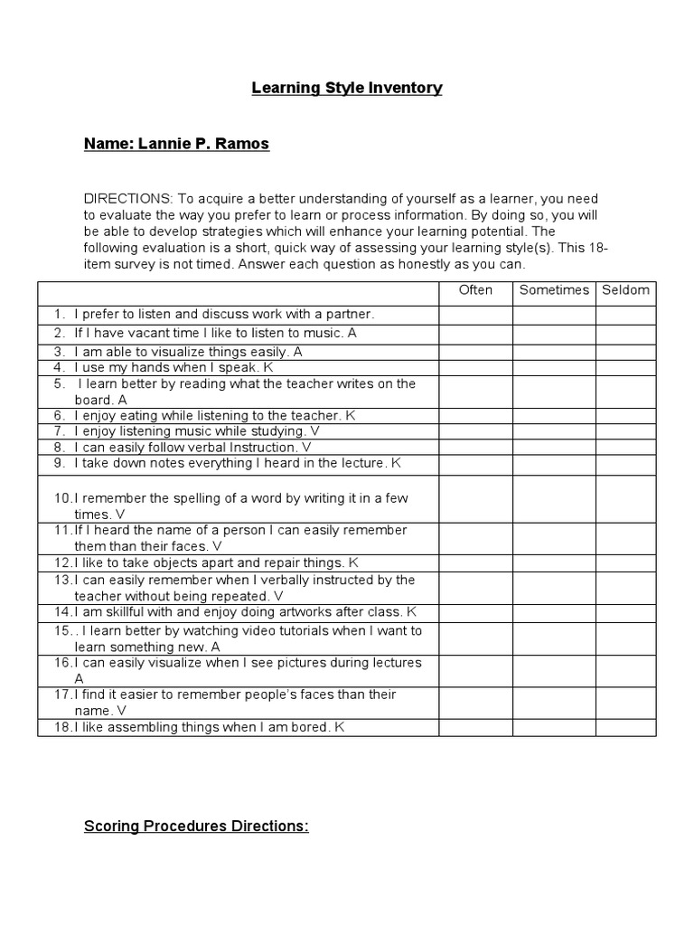 Learning Style Inventory: Scoring Procedures Directions | PDF ...