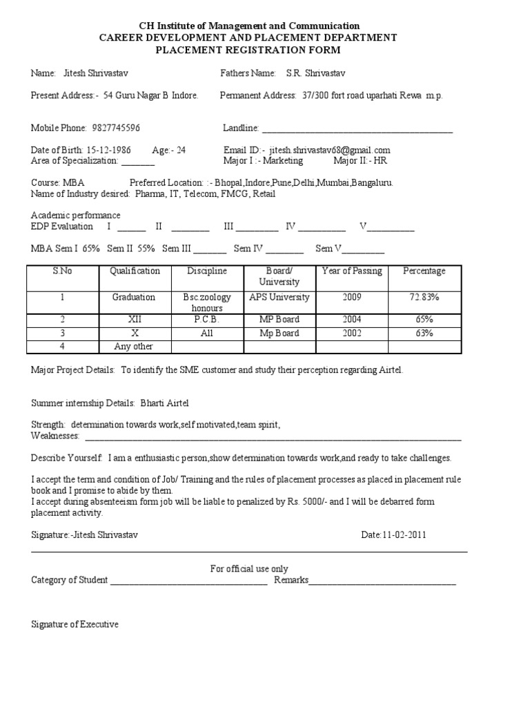 MBA Placement Registration Form | PDF | Business