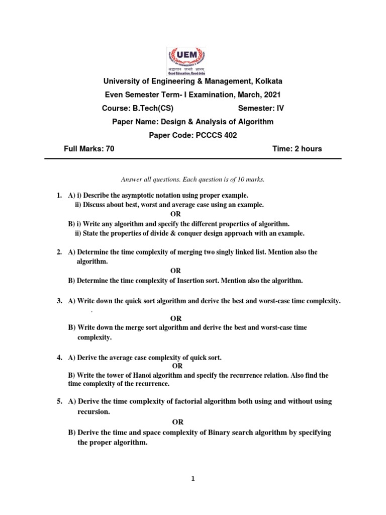 Answer All Questions. Each Question Is of 10 Marks | PDF | Time Complexity | Algorithms