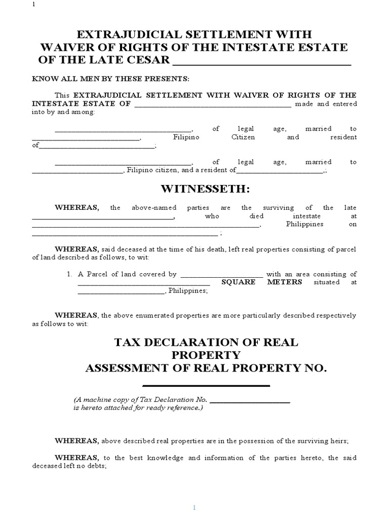 Extrajudicial Settlement Sample | PDF | Intestacy | Civil Law (Legal ...