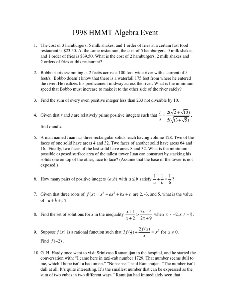 Harvard-MIT Mathematics Tournament 1998-2006 With Solutions | PDF ...