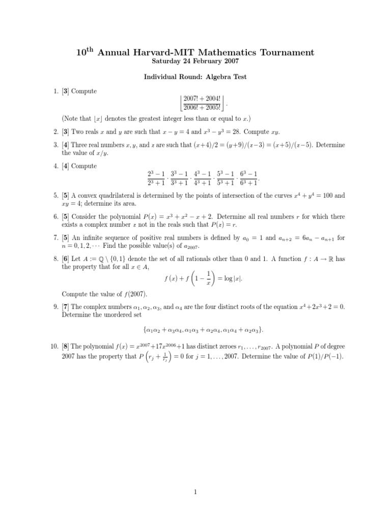 Harvard-MIT Mathematics Tournament 2007-17 With Solutions | PDF ...