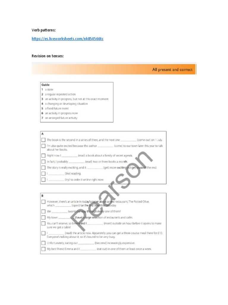 Verb Patterns and Tenses - Pre FCE | PDF
