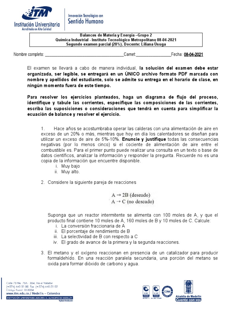 Parcial 2 BME | PDF | Metano | Reactor Quimico